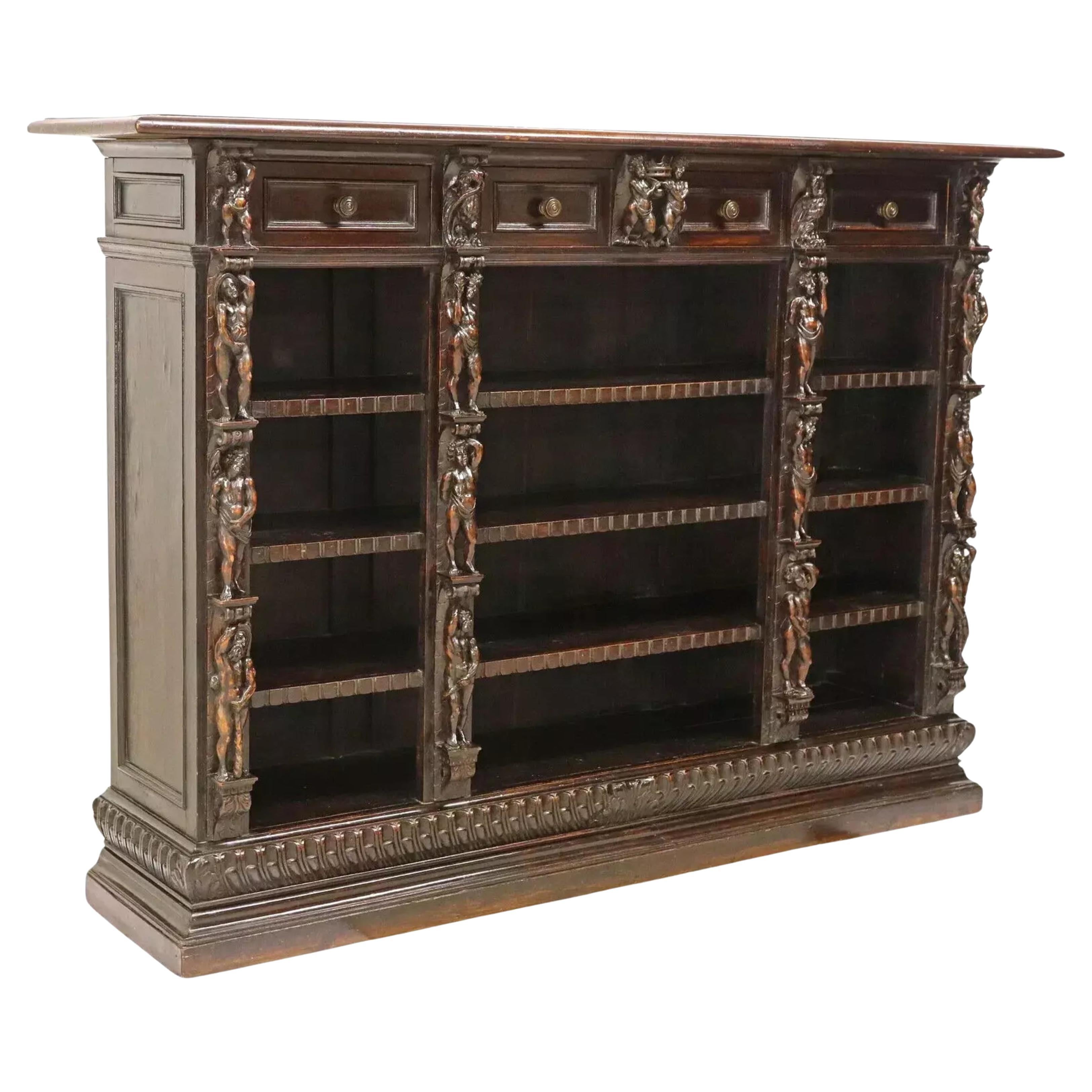Antique Italian Renaissance Revival Hand Painted Carved Walnut Bookcase ...
