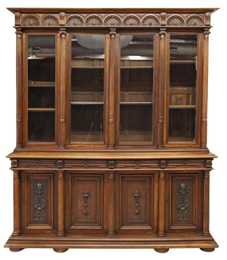 1800s Antique Large French Renaissance Revival, Walnut, Carved Bookcase ...