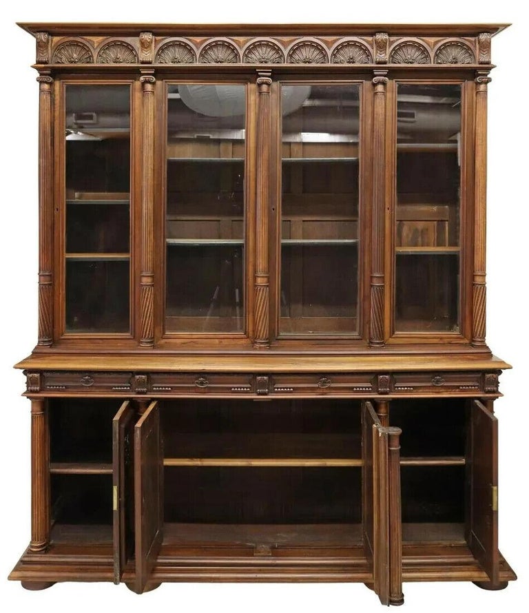 1800s Antique Large French Renaissance Revival, Walnut, Carved Bookcase ...