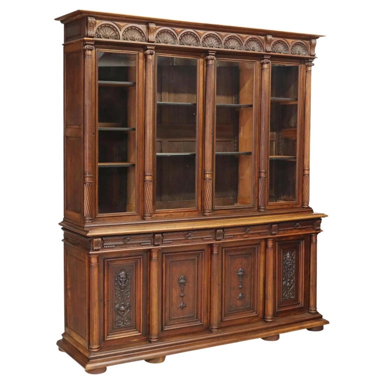 1800s Antique Large French Renaissance Revival, Walnut, Carved Bookcase ...