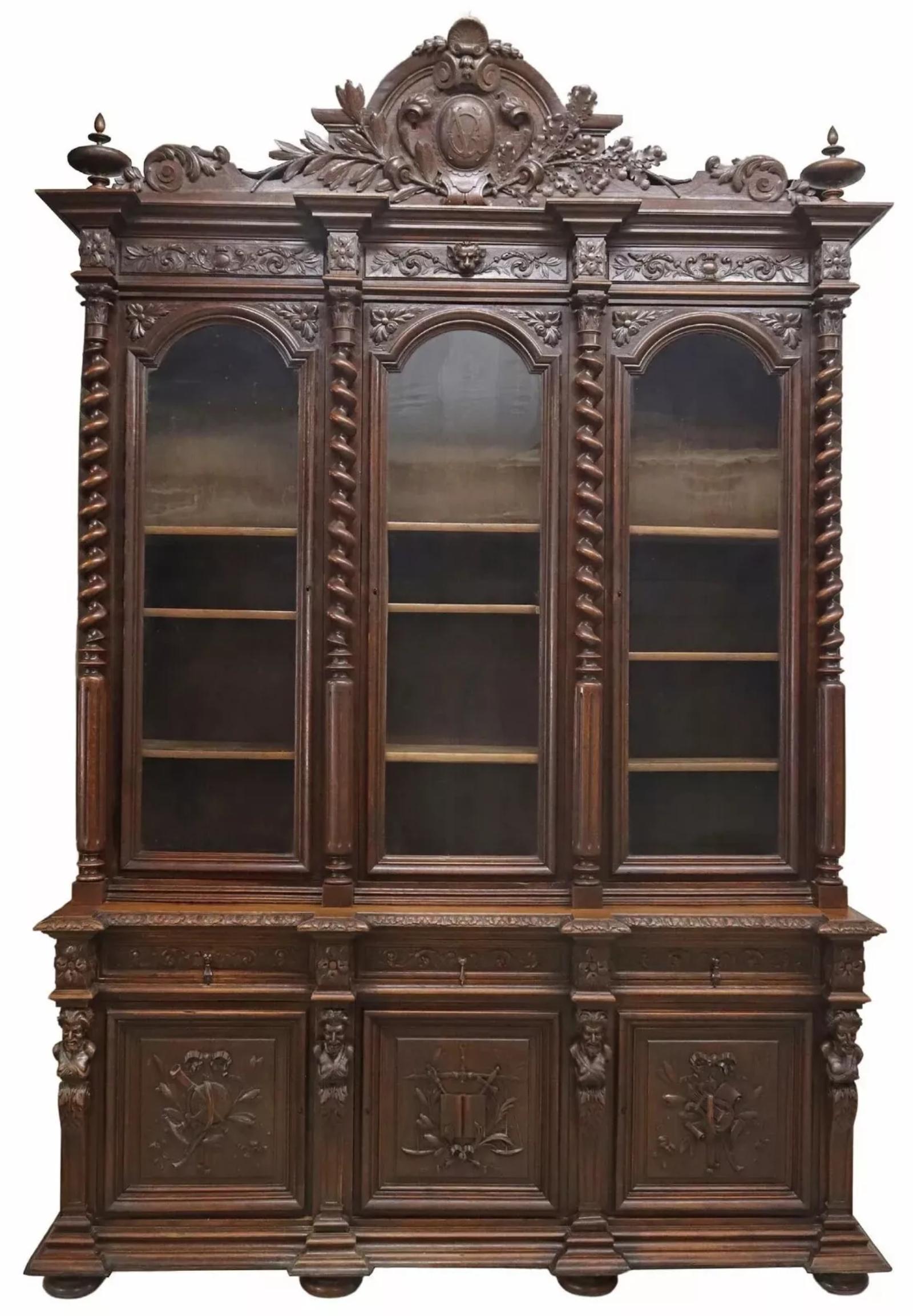 1800's Antique Library, Monumental, French Carved Oak, Twists, Columns ...