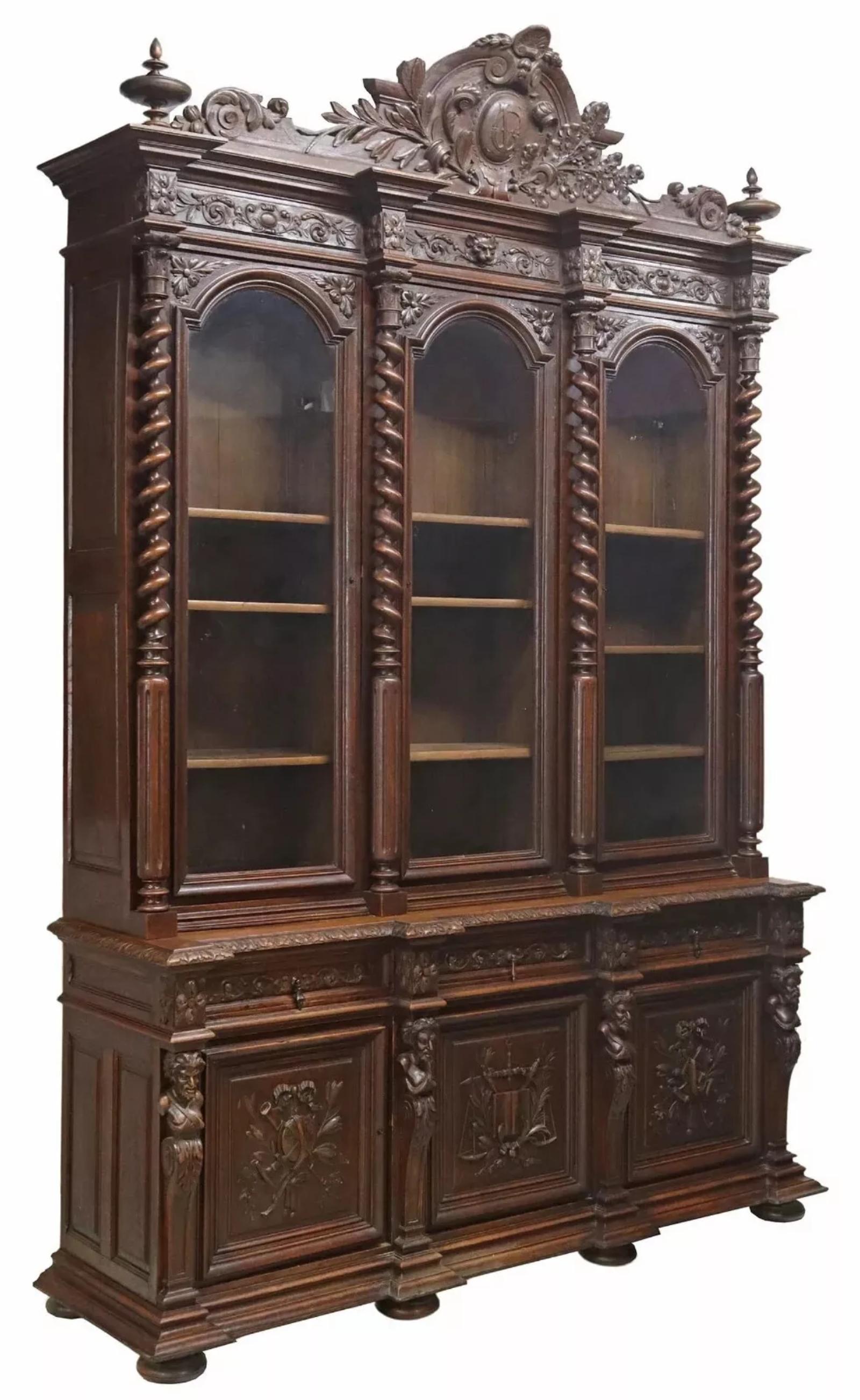 1800's Antique Library, Monumental, French Carved Oak, Twists, Columns ...