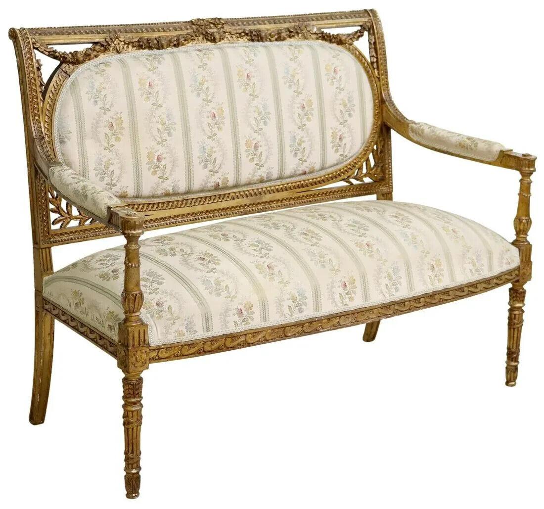 1800s Antique Louis XVI Style, Floral Upholstered, Gilt, Crest, Molded ...
