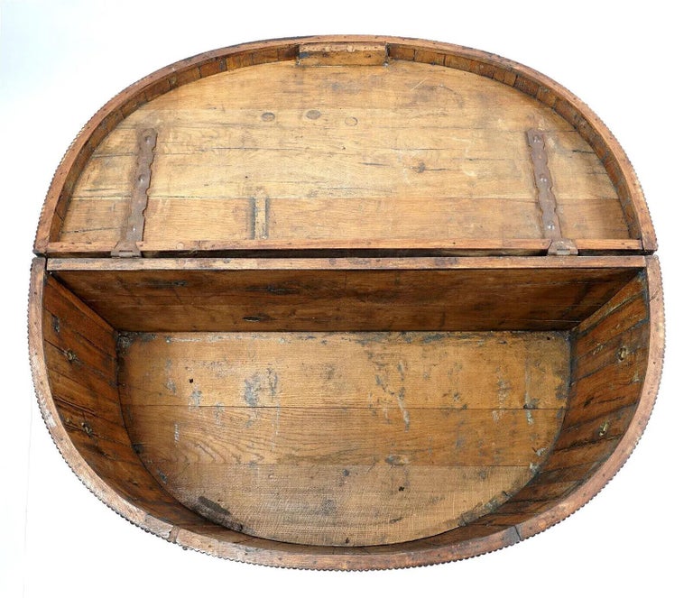 1800s Antique Paint Decorated Scenes, Clad Leather, Brass Hand Demilune ...