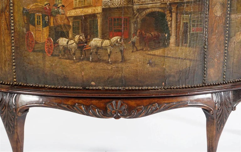 1800s Antique Paint Decorated Scenes, Clad Leather, Brass Hand Demilune ...