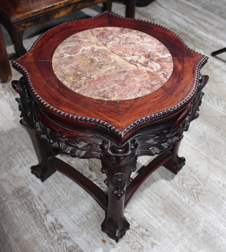 1800s Chinese Wooden Pedestal Base with Stone Top For Sale at 1stDibs