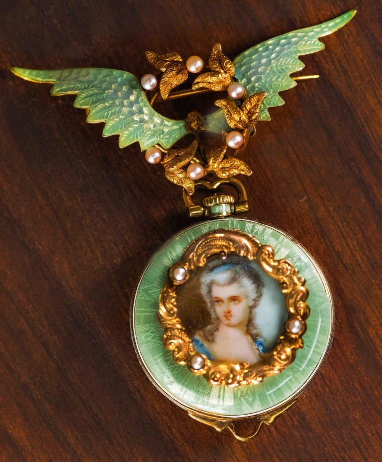 1800s French Art Nouveau Enamel Angel Winged Flower Pearl Wreath ...