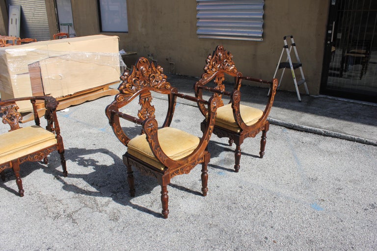 1800s Italian Renaissance Settee Sofa Couch with Two Chairs in Carved ...