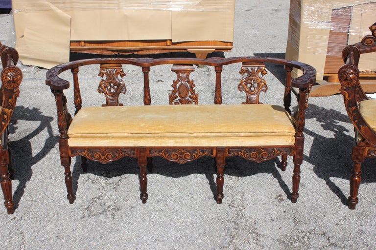 1800s Italian Renaissance Settee Sofa Couch with Two Chairs in Carved ...