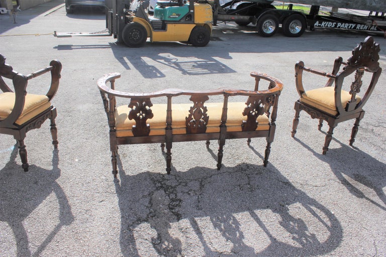 1800s Italian Renaissance Settee Sofa Couch with Two Chairs in Carved ...