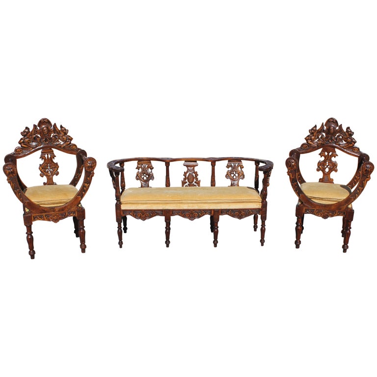 1800s Italian Renaissance Settee Sofa Couch with Two Chairs in Carved ...