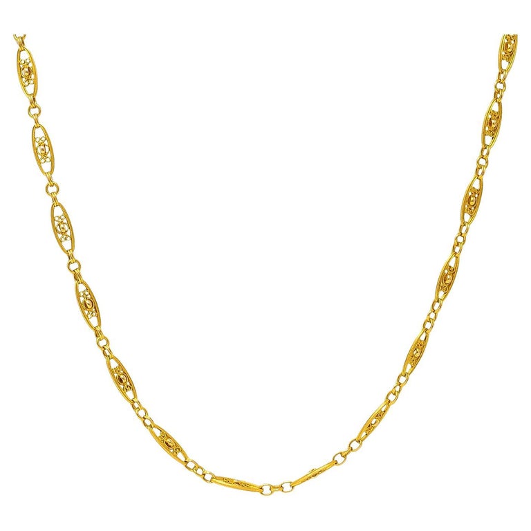 1800's, Victorian French 18 Karat Yellow Gold Long Filigree Necklace ...