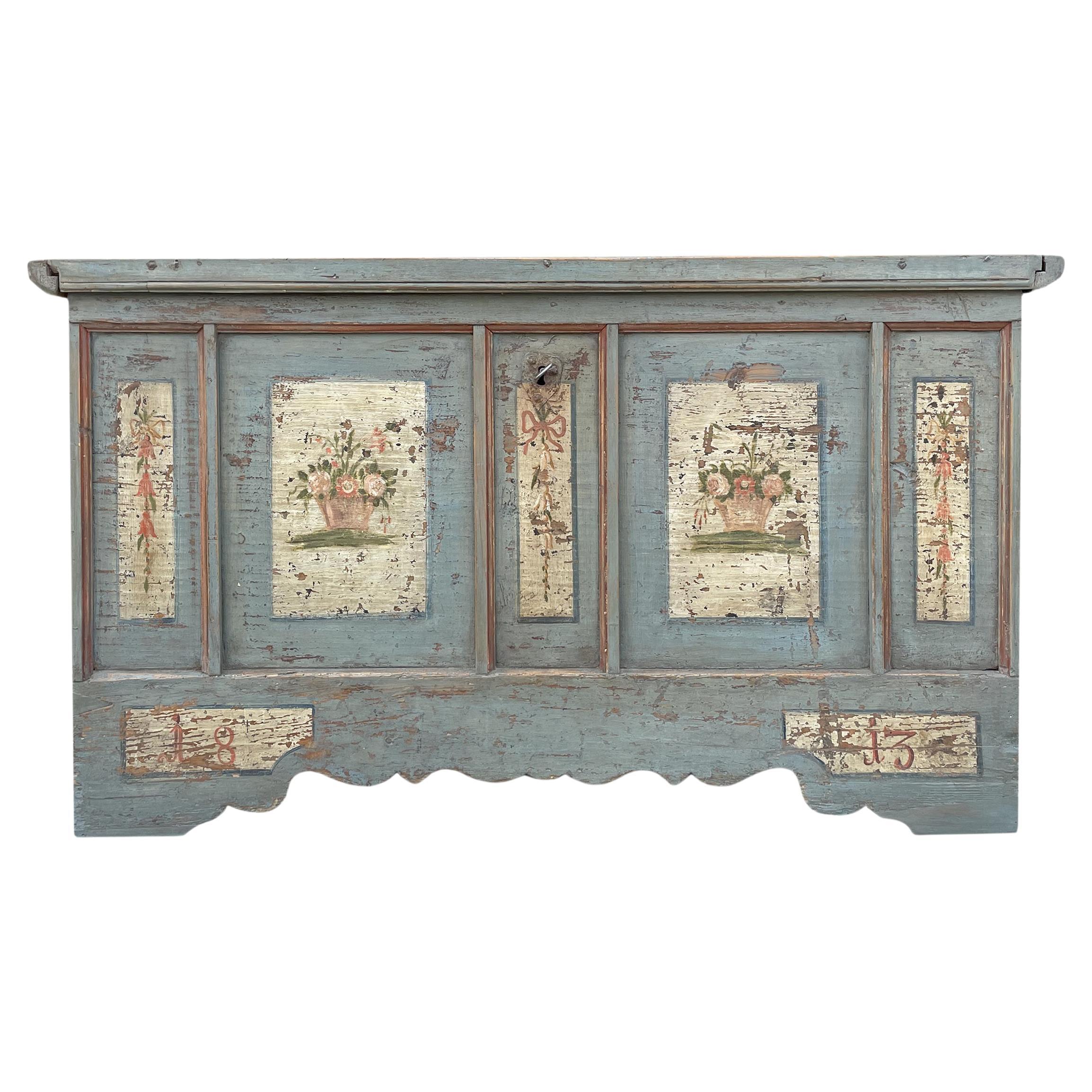 1850 Blue Floral Panted Blanket Chest For Sale at 1stDibs
