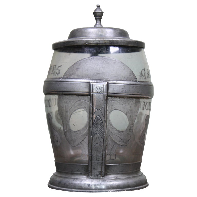 1817 Sgraffitoed Latin Memento Mori Pewter and Lead Glass Skull Tanker ...