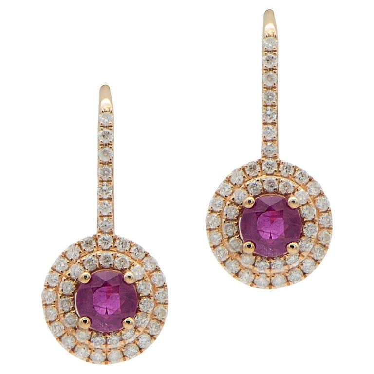 1.82 Total Carat Ruby and Diamond Double Halo Drop Earrings For Sale at ...