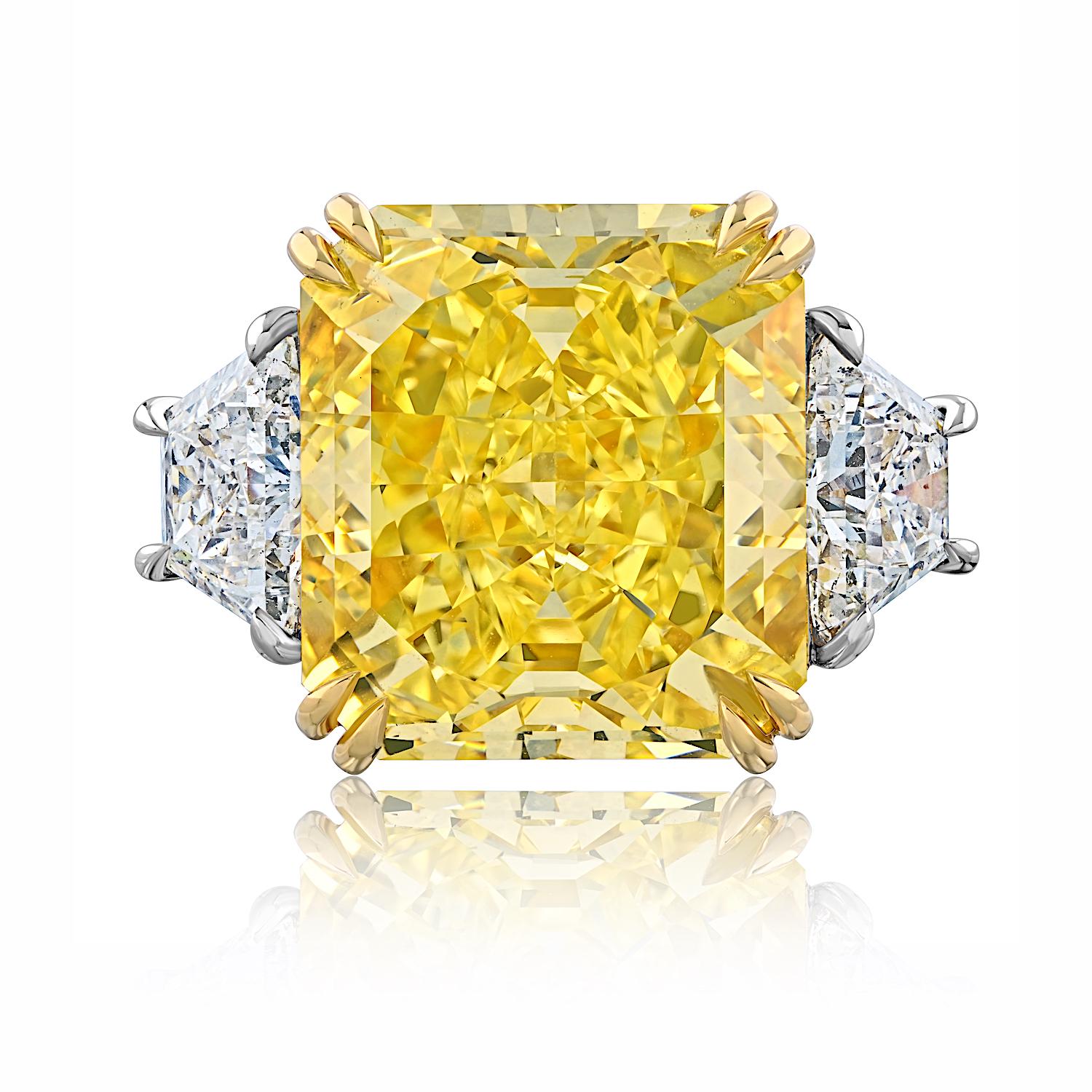 18.28ct Fancy Vivid Yellow Radiant Cut Three Stone Diamond Engagement ...