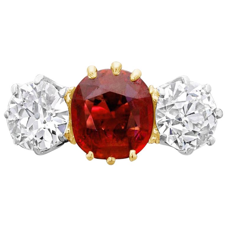 1.83 Carat Vintage Old Burmese Ruby and Old Cut Diamond Three-Stone ...