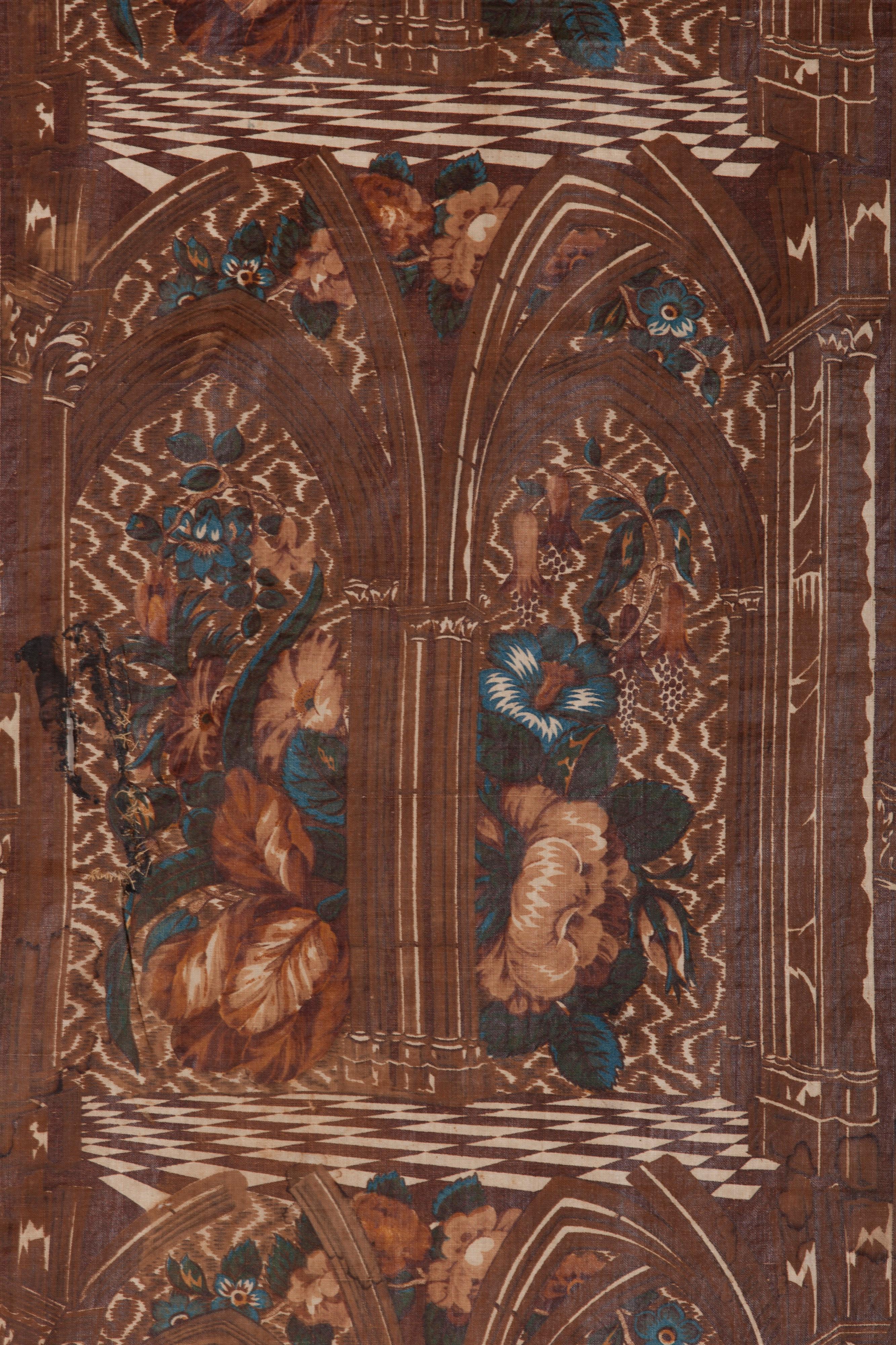 1830s British Printed Gothic Revival Cotton Textile For Sale at 1stDibs