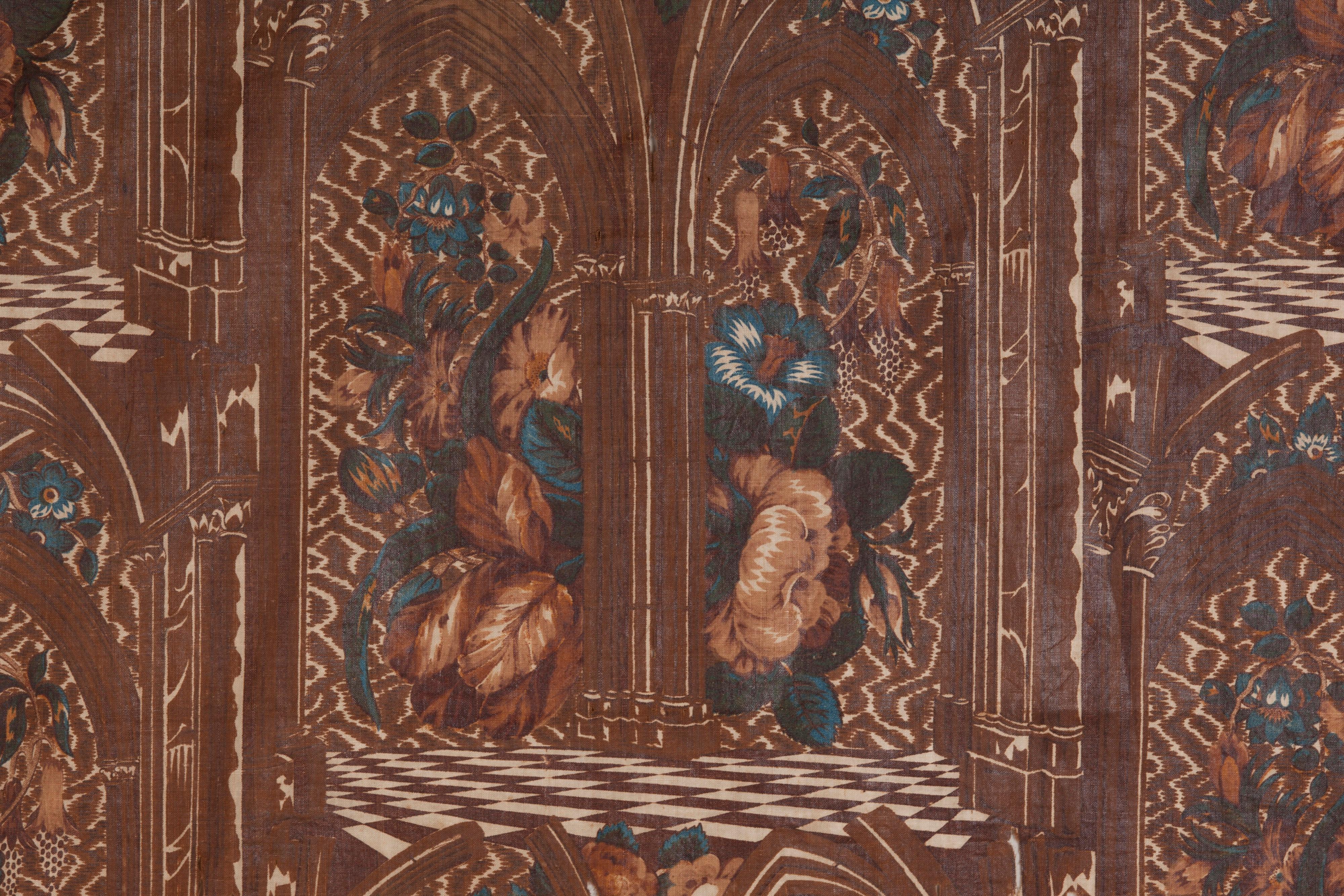 1830s British Printed Gothic Revival Cotton Textile For Sale at 1stDibs