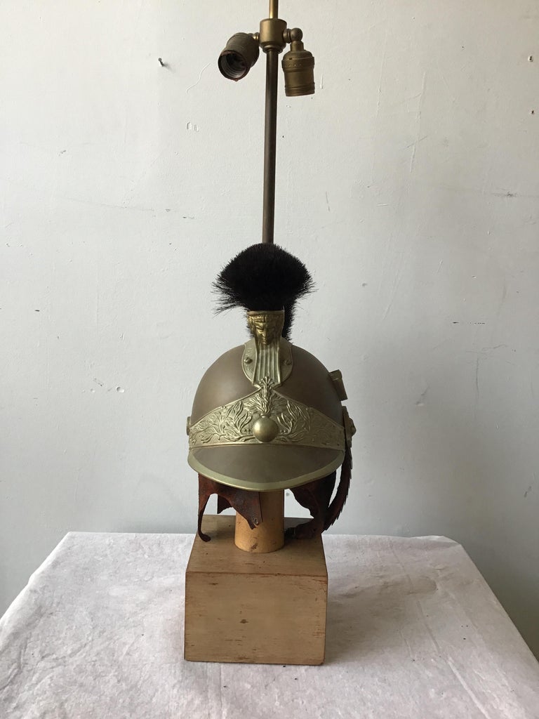 1840s French Fireman’s Helmet Lamp on Base For Sale at 1stDibs