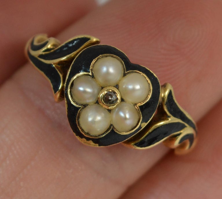 1844 Victorian 18 Carat Gold Enamel Pearl Diamond Heart Mourning Ring ...