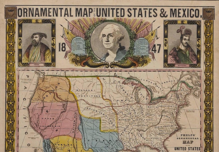 1847, Antique Ornamental Map of the United States and Mexico by H ...