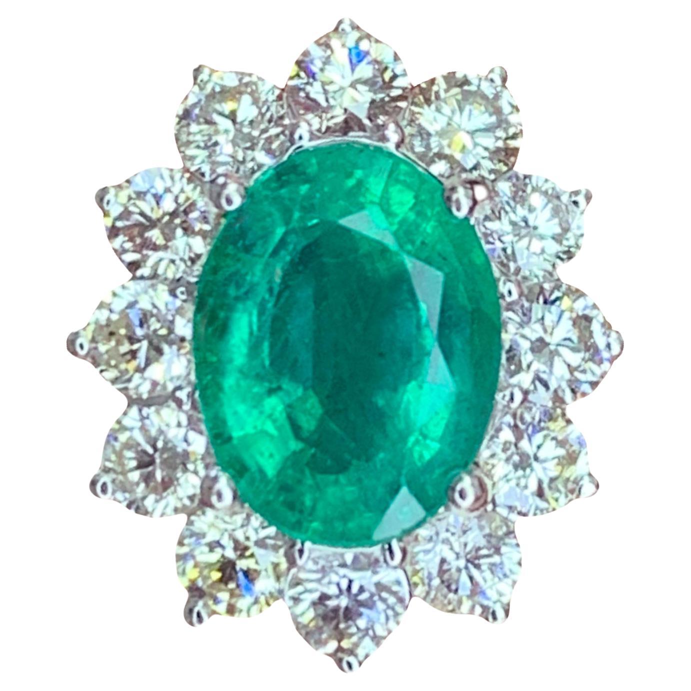 1.64 Carat Oval cut Emerald Ring with Round Diamonds in 18K White Gold ...