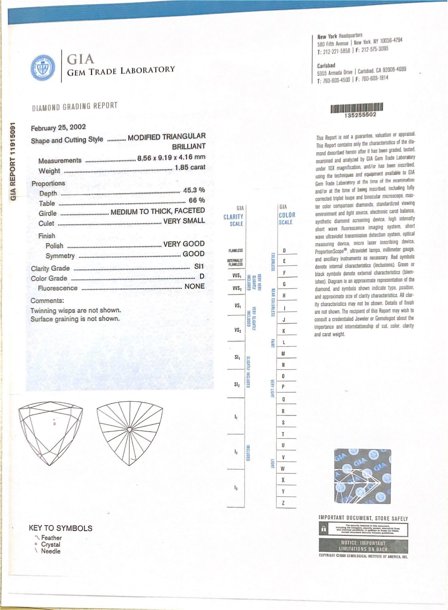 1.85 Carat Triangular Brilliant Diamond Ring in 18 Karat White Gold For ...