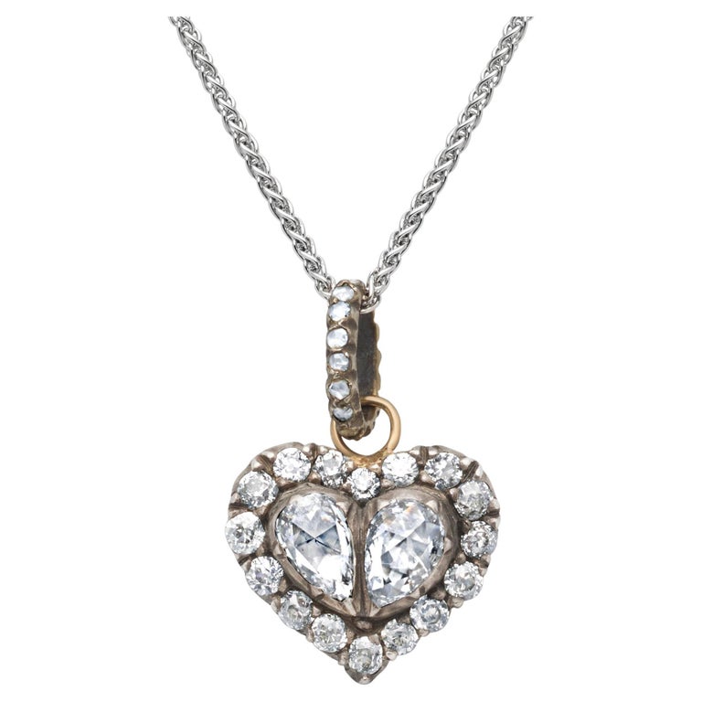 1850's 10k Yellow Gold and Silver Diamond Heart Pendant For Sale at 1stDibs