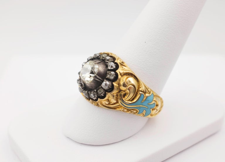 1850s Victorian Men's Ring with Rose Cut Diamond Surrounding an Old ...