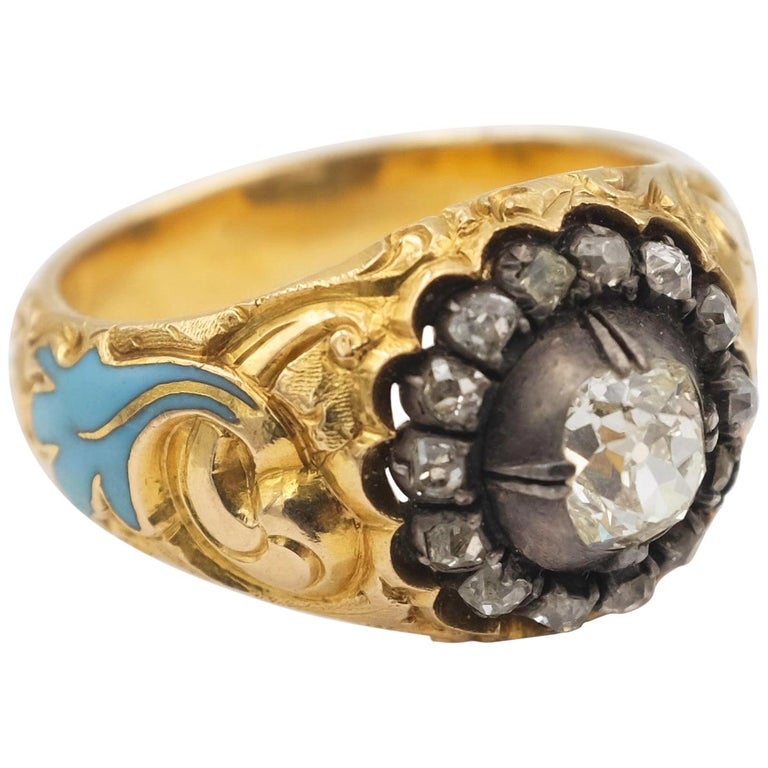 1850s Victorian Men's Ring with Rose Cut Diamond Surrounding an Old ...