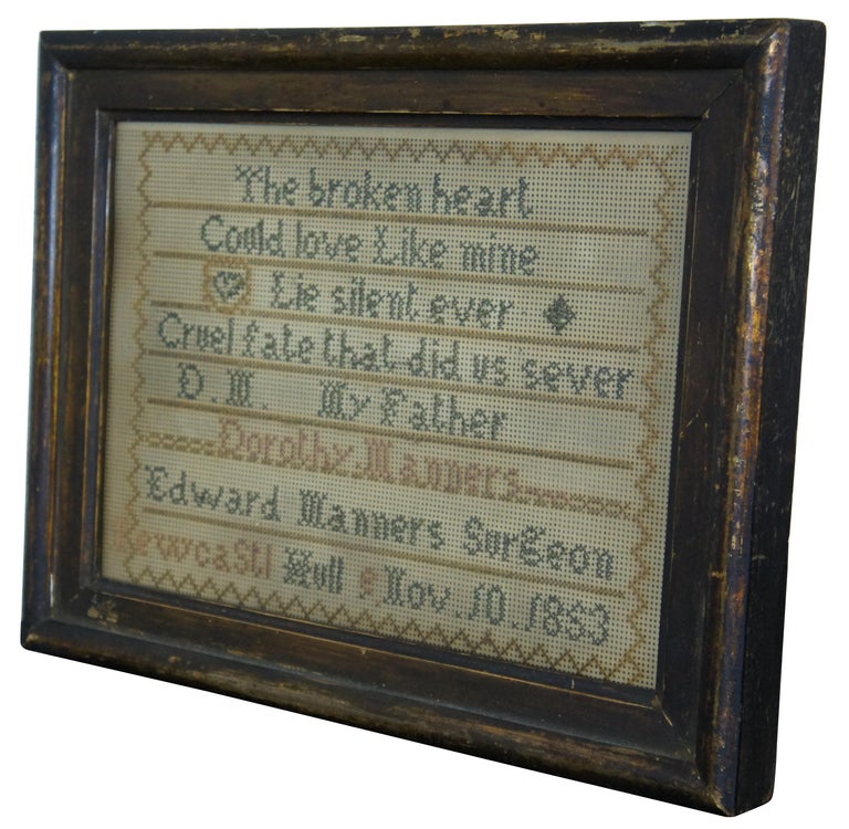 1853 Antique Folk Art Embroidery Cross Stitch Sampler Mourning Love ...