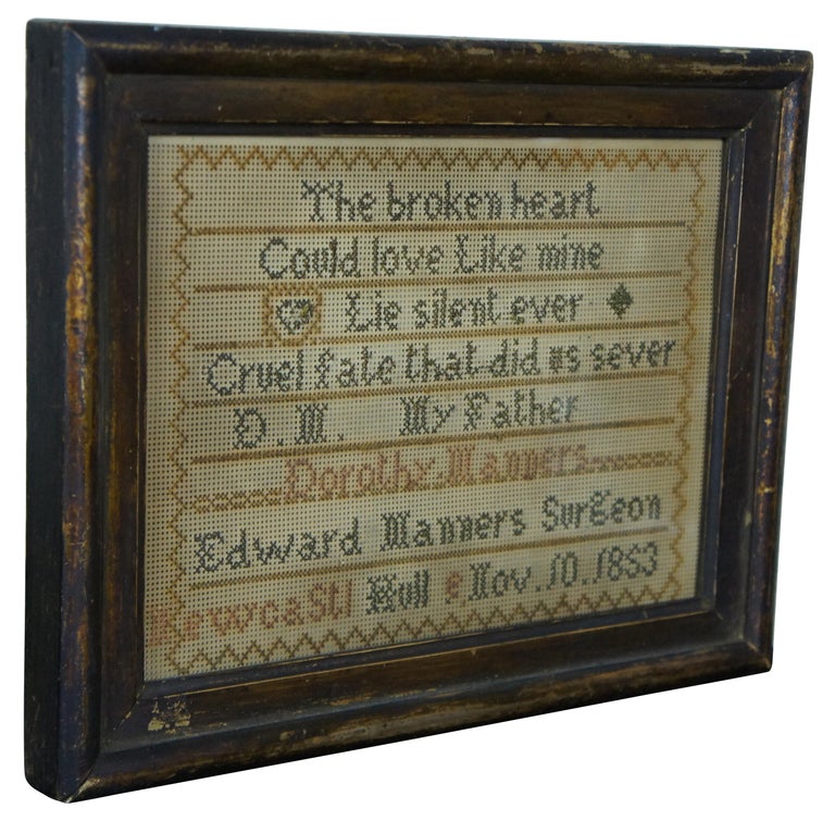 1853 Antique Folk Art Embroidery Cross Stitch Sampler Mourning Love ...