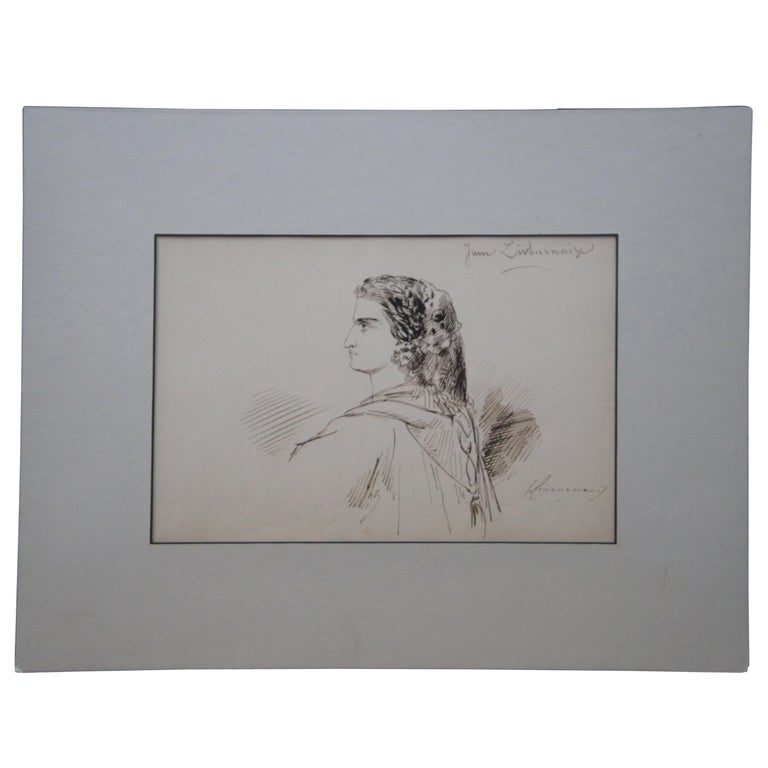 1859 Antique French Emile Dupont Original Ink Painting Drawing Portrait ...