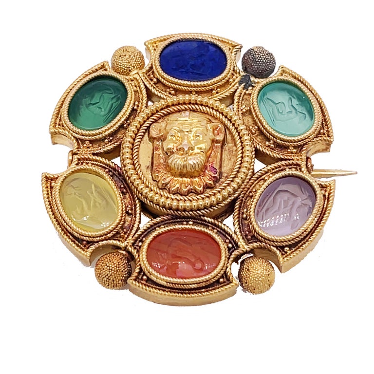 1860 Etruscan 18K Yellow Gold Multi-Stone Lion Pin/Pendant For Sale at ...