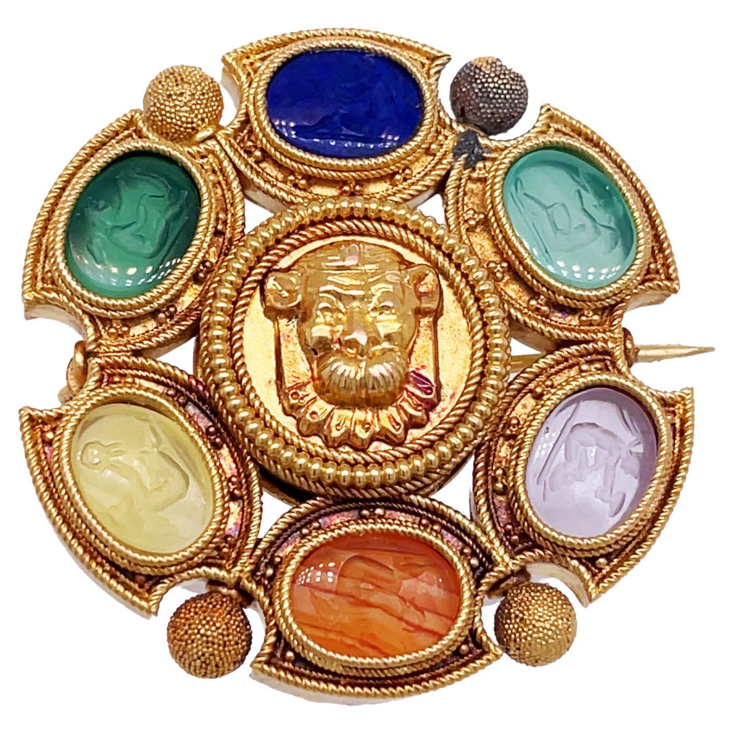1860 Etruscan 18K Yellow Gold Multi-Stone Lion Pin/Pendant For Sale at ...