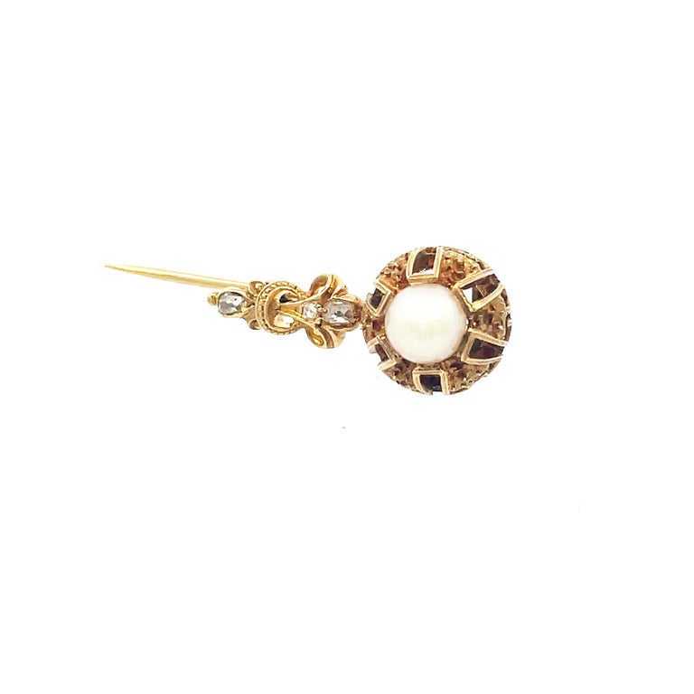 1860 Victorian Old Mine Cut Diamond and Natural Pearl Pin with GIA ...