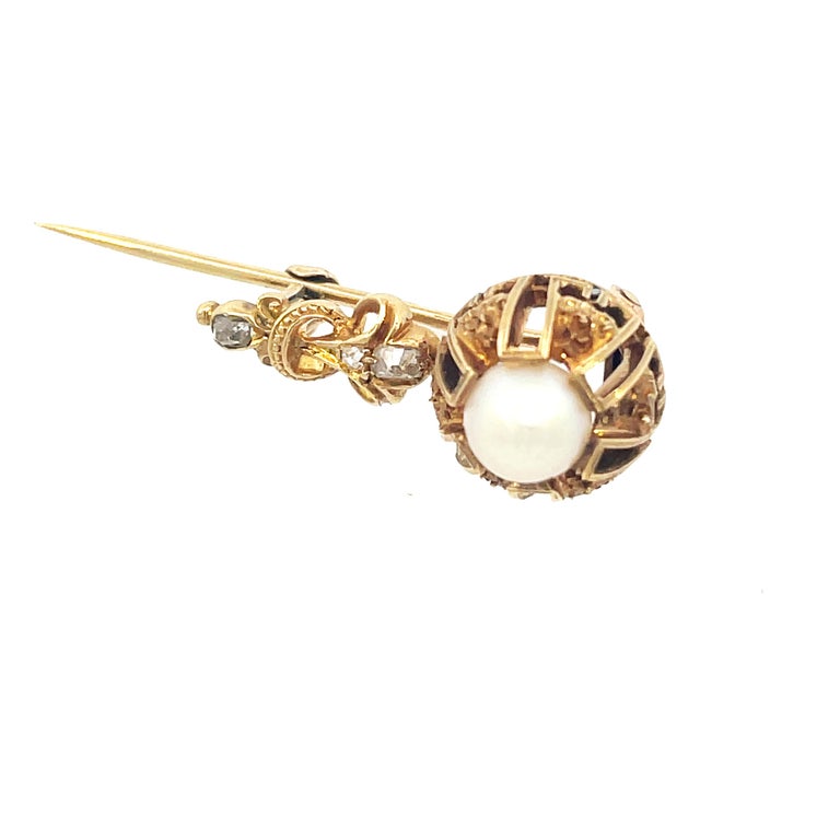 1860 Victorian Old Mine Cut Diamond and Natural Pearl Pin with GIA ...