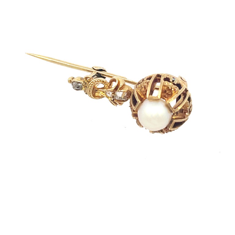 1860 Victorian Old Mine Cut Diamond and Natural Pearl Pin with GIA ...