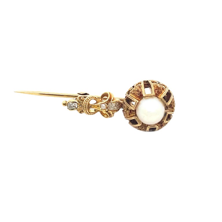 1860 Victorian Old Mine Cut Diamond and Natural Pearl Pin with GIA ...