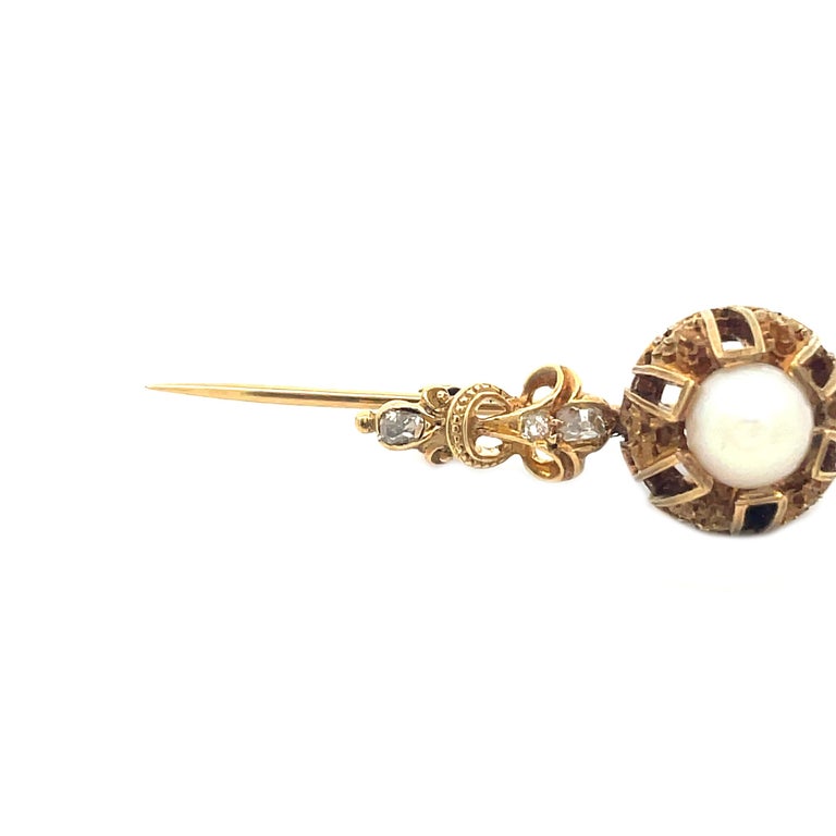 1860 Victorian Old Mine Cut Diamond and Natural Pearl Pin with GIA ...