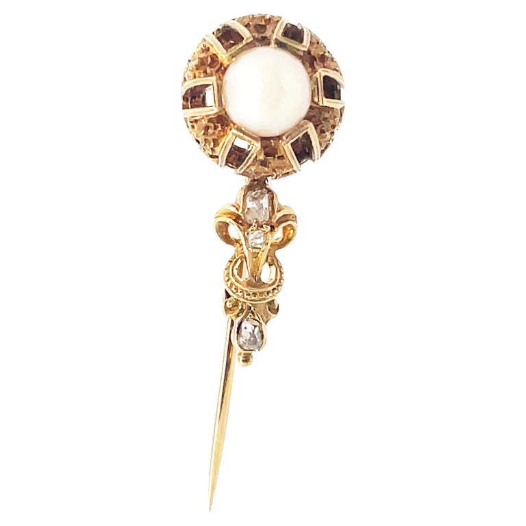 1860 Victorian Old Mine Cut Diamond and Natural Pearl Pin with GIA ...