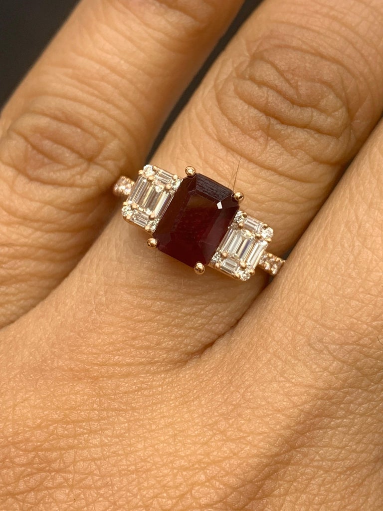 1.87 Carat Emerald Cut Ruby and Diamond Ring in 18k Rose Gold For Sale ...