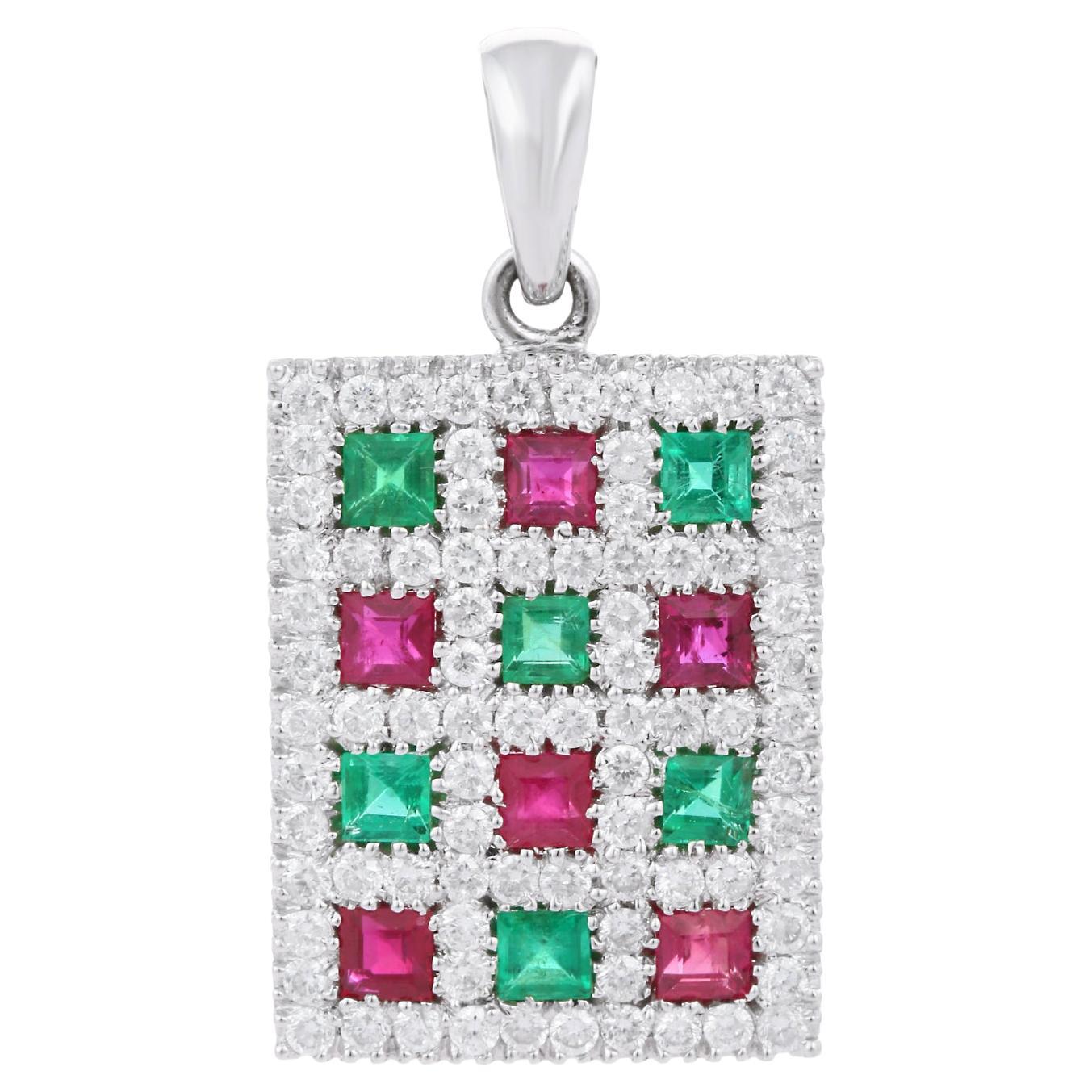1.87 Ct Emerald Ruby Mosaic with Halo of Diamonds Encrusted in 18K ...