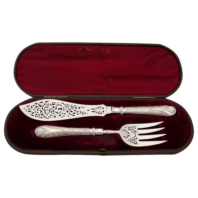 1876 Antique Victorian Sterling Silver Newton Pattern Fish Servers For ...