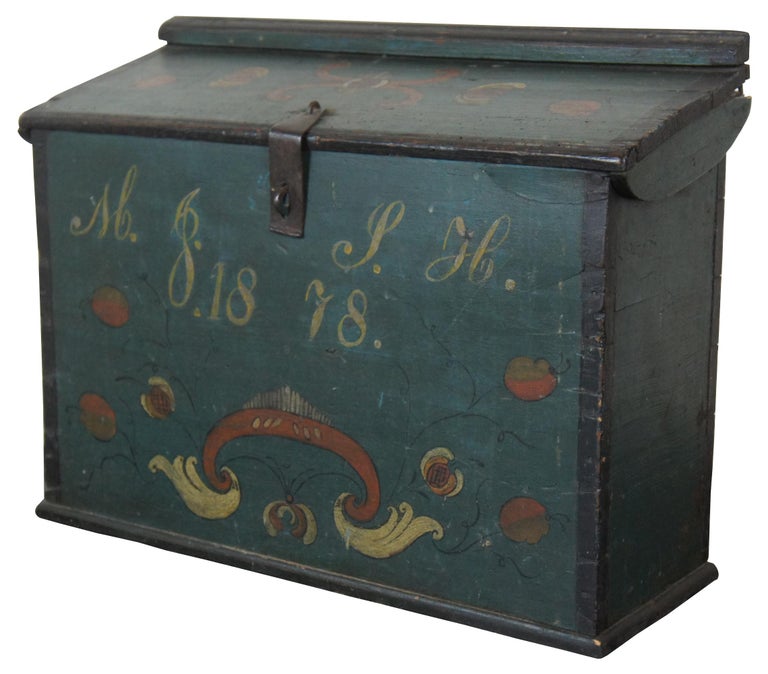 1878 Antique Scandinavian Folk Art Painted Letter Box Mail Polychrome ...