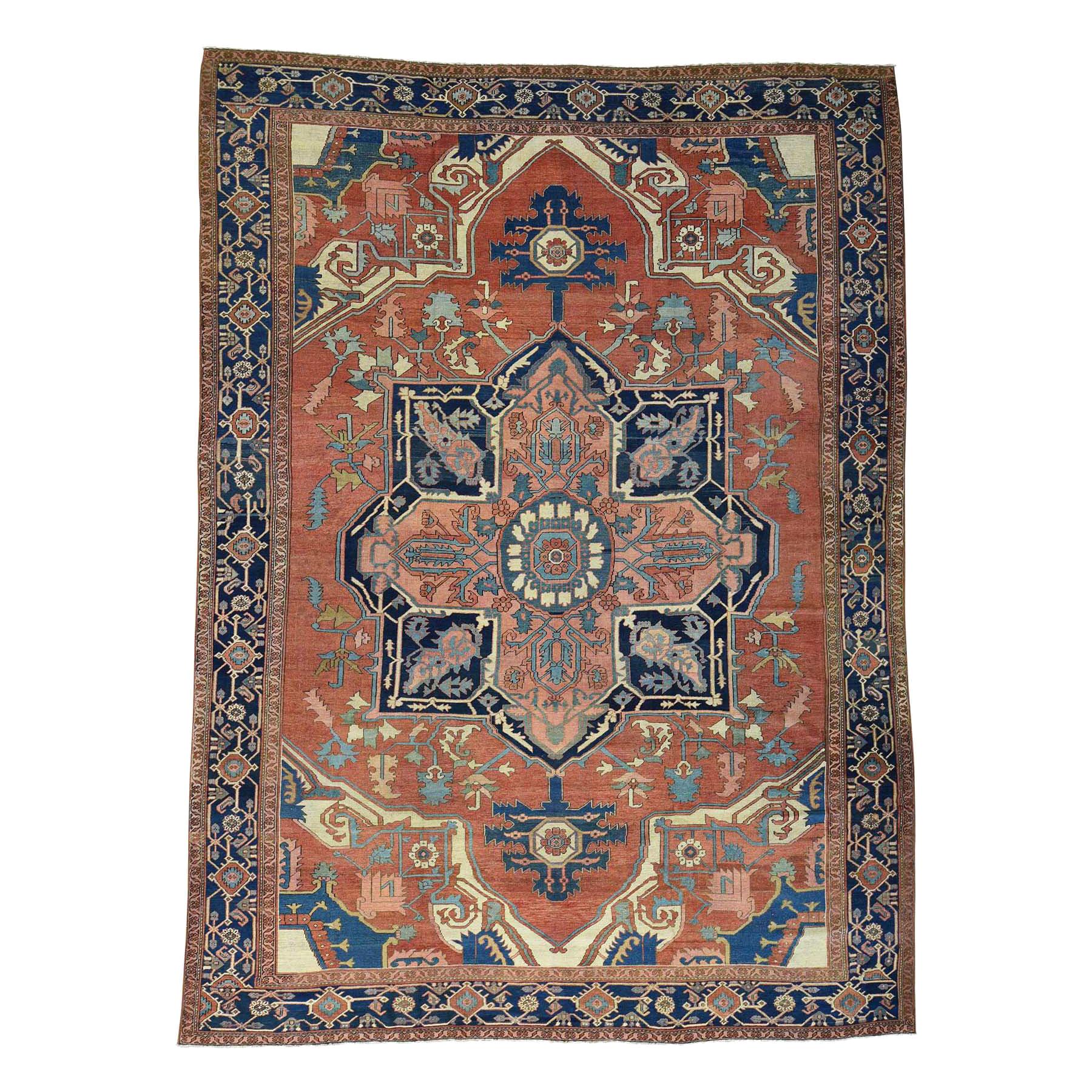 1880 Antique Persian Serapi Rug Even Wear, Classical Rust Navy at ...