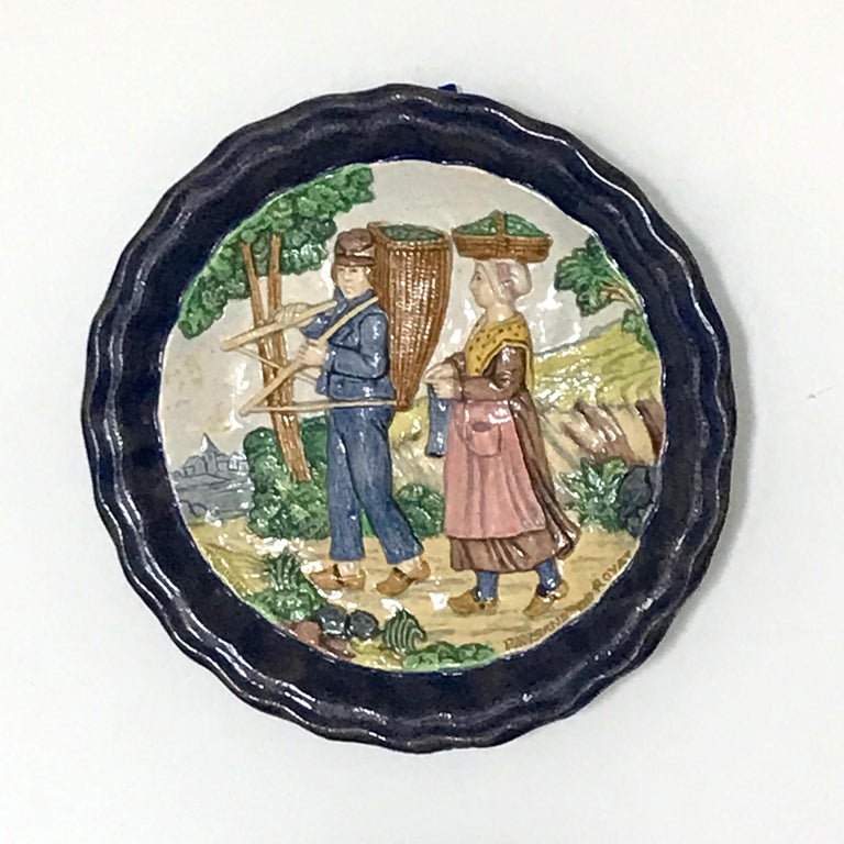 1880 French Country Pair of Navy Blue Edged Folk Art Majolica ...