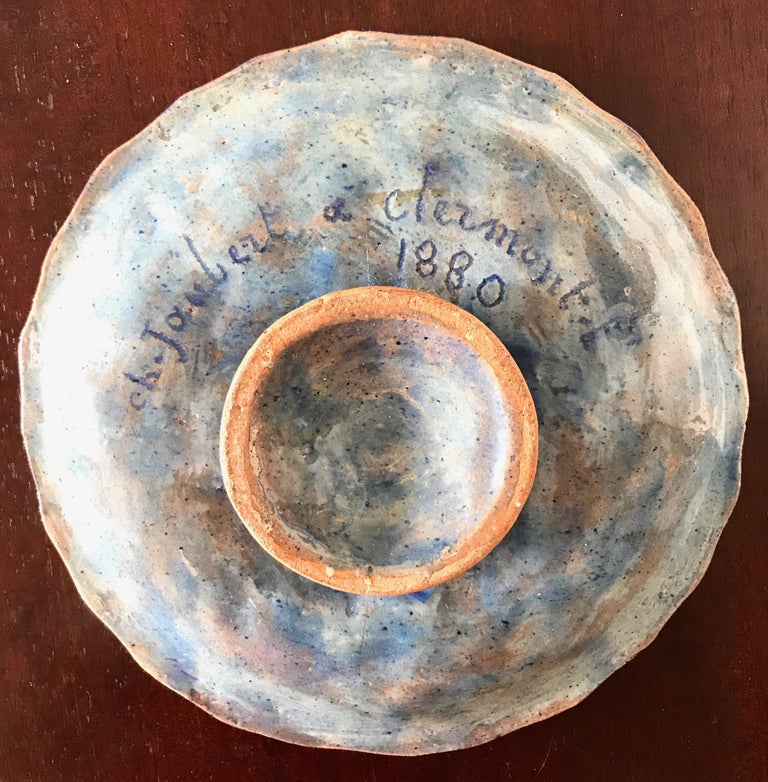 1880 French Country Pair of Navy Blue Edged Folk Art Majolica ...