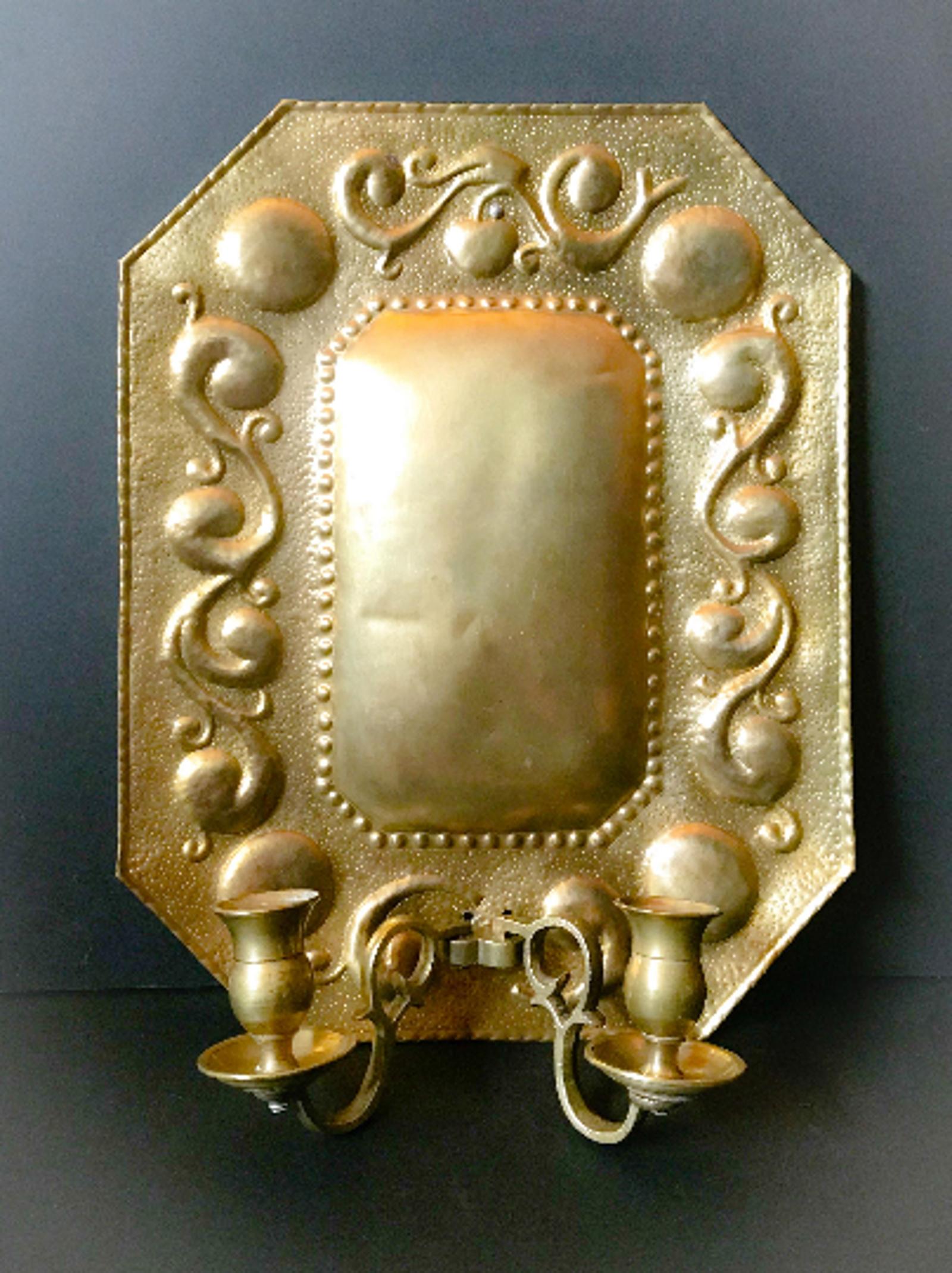 1880 Pair of Dutch Sconces, Repousse Brass Two-Light Wall Blaker at ...